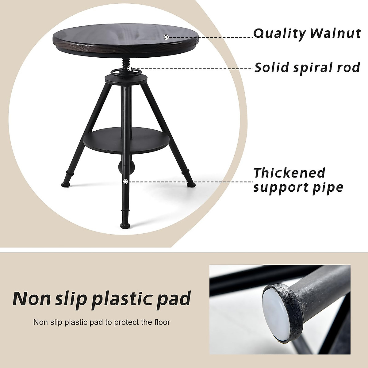 BOKKOLIK Industrial Bistro Table Vintage Small Cafe Table Farmhouse Round Dining Table for Kitchen Rustic Side Table Swivel Wooden Top 21-29inch Height Adjustable