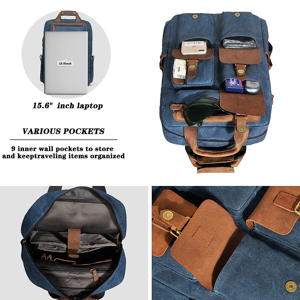 Handadsume Water Resistant Canvas + Leather Large Travel Backpack Rucksack Knapsack Laptop School Bag For Men FB1170 (The Blue)