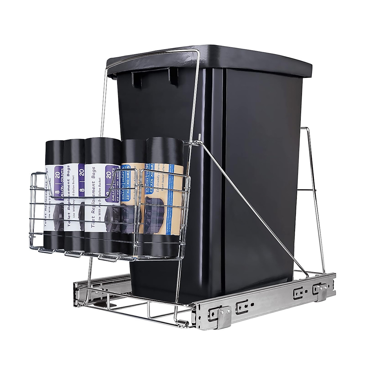Under Cabinet Pull Out Trash Can Kit – Adjustable Shelf Removable Front Basket for Garbage Bag Storage, Under Sink Trash Can Pull Out for Kitchen Fits 7-12 Gallon Bins (Trash Can Not Included)