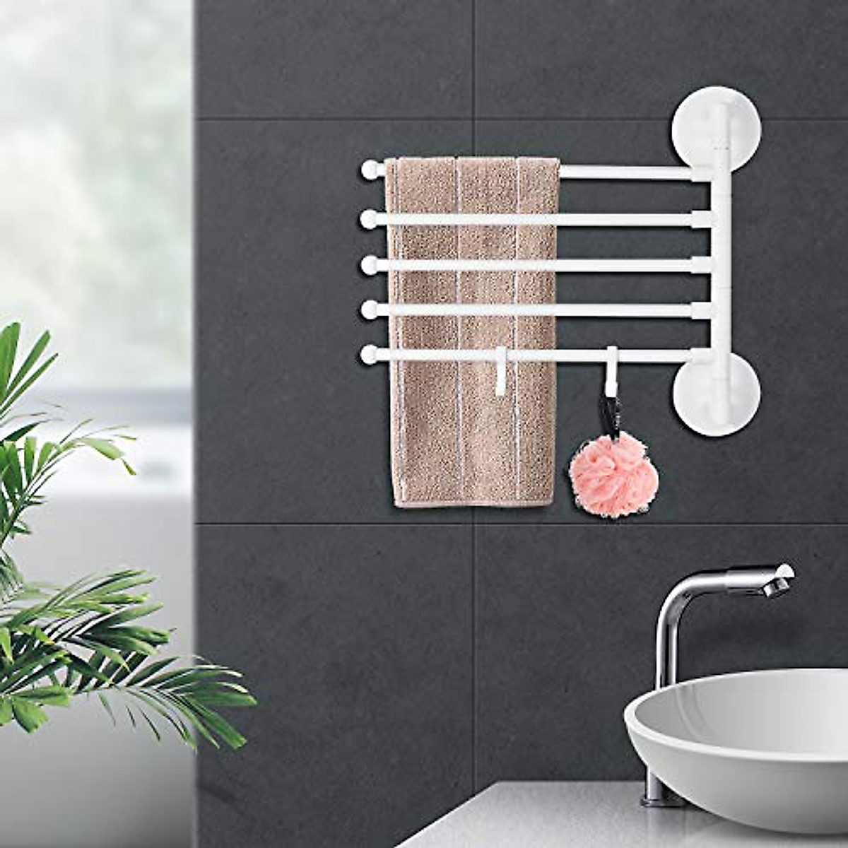 Towel Rack Bathroom Towel Rack Tower Rack Storage on Kitchen Wall with Metal Rod No Punching Installation (White 5 Layers)