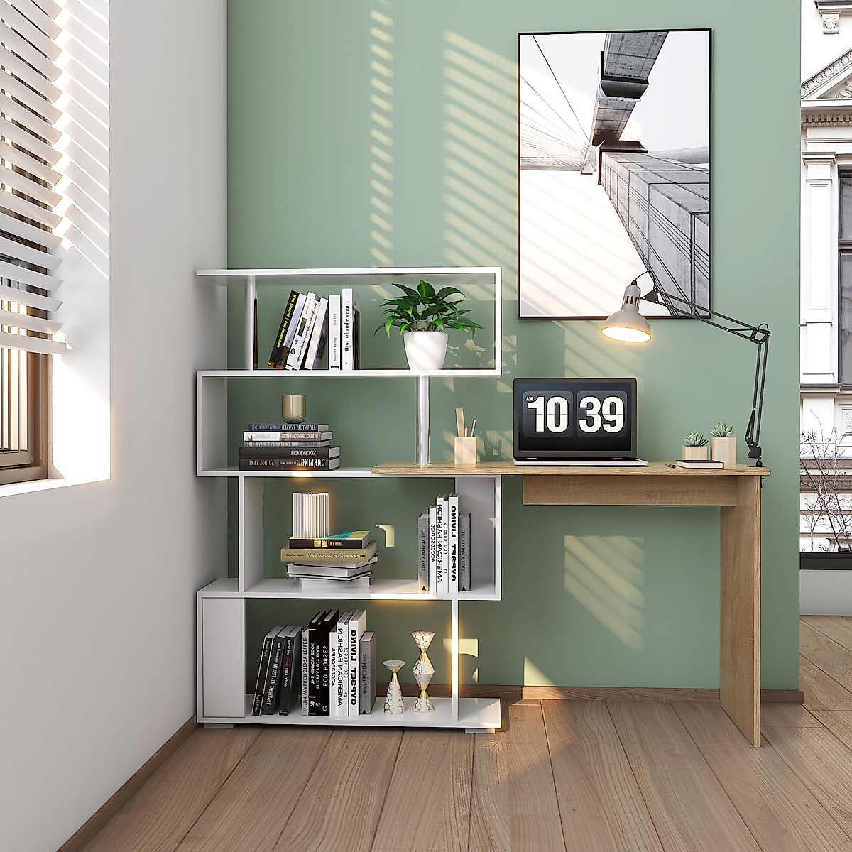 Mondeer 41.7" L Shaped Desk with 4-Tier Storage Shelves, Computer Corner Desk for Study Home Office Living Room (Oak and White)