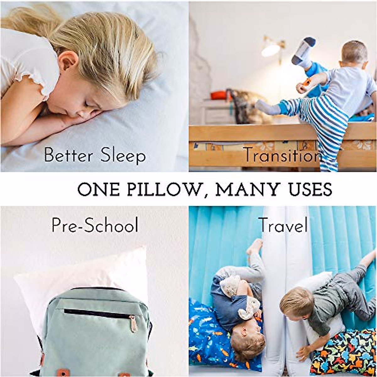 Toddler Pillow with Toddler Pillowcase - Soft Hypoallergenic - Best Pillow for Kids! Better Neck Support and Sleeping! Better Naps in Bed, a Crib, or at School! Makes Travel Comfier! (White)