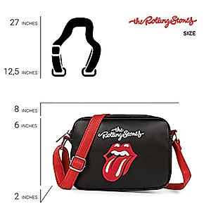 Rolling Stones Majesties Collection Crossbody Bag for Women, Men, Girls, and Teens, Officially Licensed Lightweight Vegan Leather Purse for Travel, Fits Phone, Wallet, and More, Black/Red
