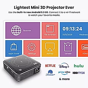 Sentrym L1 Ultra Mini 3D Portable Projector, Android 9.0, Bluetooth 5.0, Dual Band Wi-Fi, 16GB, 2GB Ram, 2 Hour Battery Life, Touch Navigation, Auto Keystone, 0.4lb (Free Tripod Stand Included!)