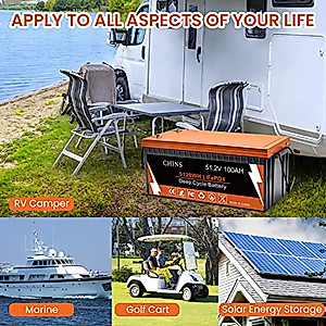 CHINS Bluetooth LiFePO4 Battery，48V 100Ah Smart Lithium Battery，Perfect for Golf Cart, Trolling Motor, Boat, RV, Solar, Home Energy Storage, Backup Power and Off-Grid etc, Peak Current 500A.