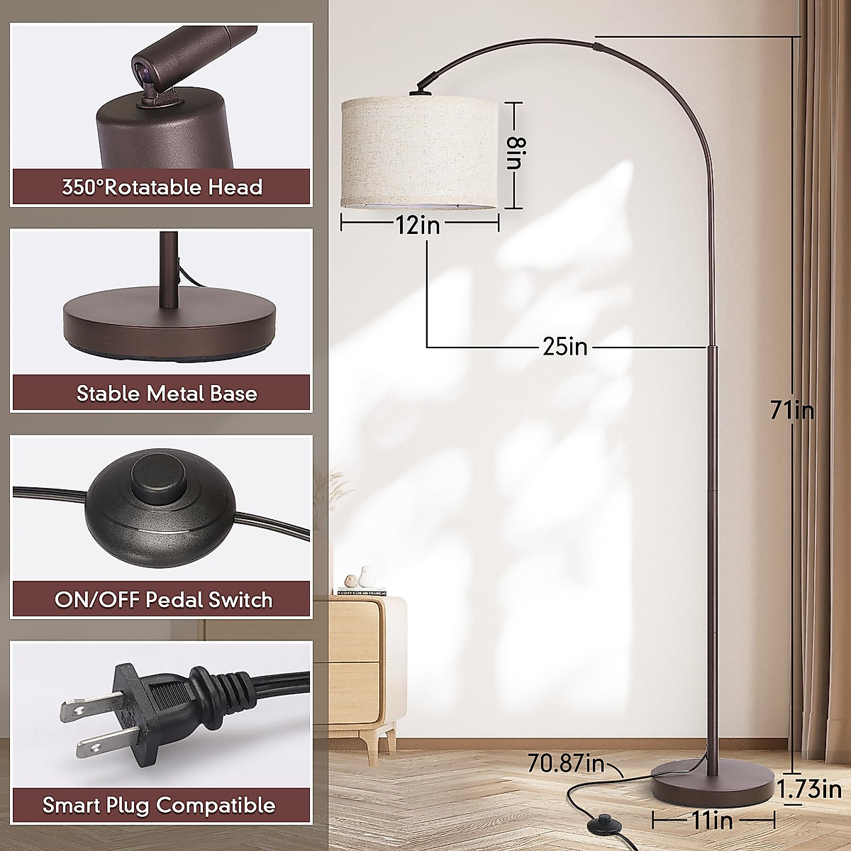 Floor Lamp for Living Room, Arc Floor Lamp with Adjustable Head, Modern Arched Floor Lamp with On/Off Pedal Switch, Over Couch Tall Standing Hanging Light for Reading, Bedroom, Office (Brown)