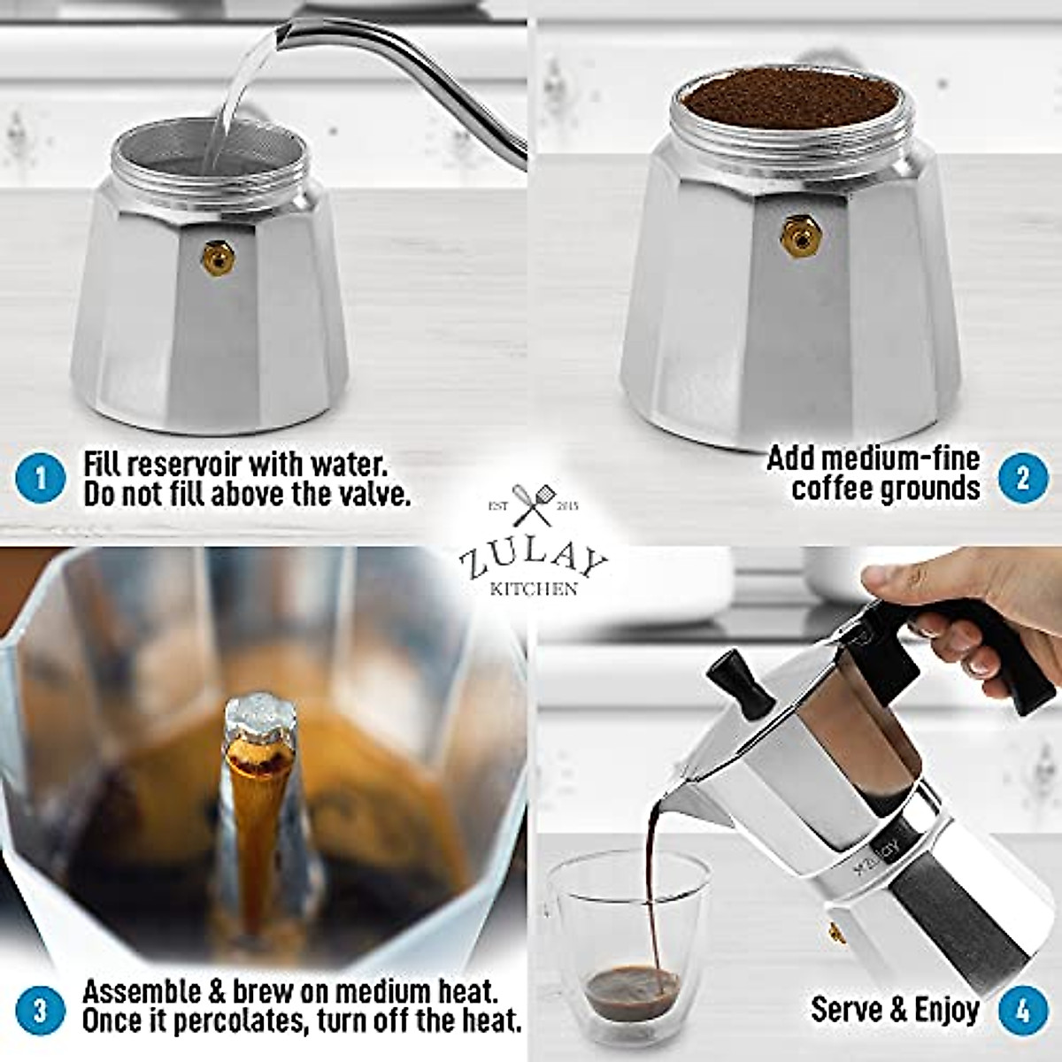 Zulay Kitchen Stovetop Espresso Maker - Moka Pot 6 Espresso Cups - Percolator Coffee Maker for Classic Cuban & Italian Style Espresso - Portable Coffee Maker for Camping & Travel - (Silver)