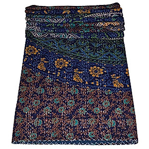 MAVISS HOMES Indian Handmade Floral Printed Queen Kantha Quilt | Traditional Print | Pure Cotton Vintage Kantha Throw Blanket | Home decore | Super Soft Cozy Vibe Blanket; Blue & Multicolour