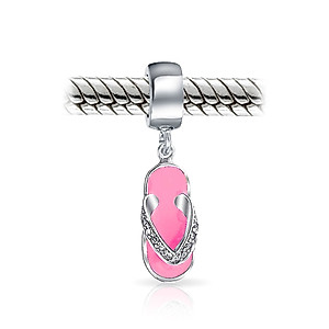 Vacation Flip Flop Sandal Pink CZ Dangle Travel Charm Bead For Women Sterling Silver Fits European Bracelet
