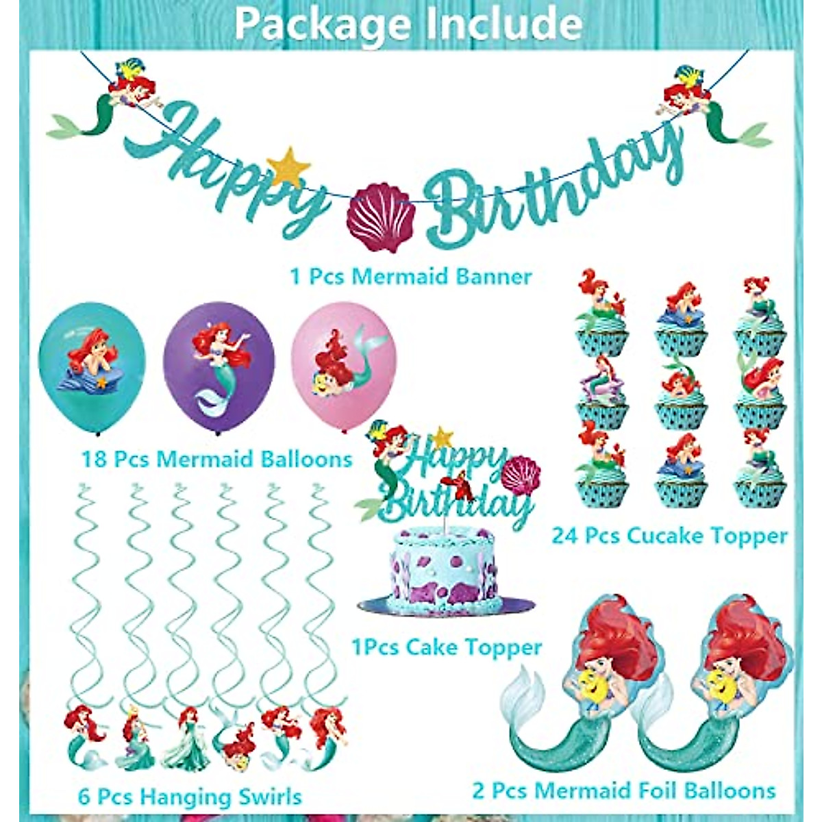 GOGOPARTY Little Mermaid Birthday Decorations , 52 Pcs Mermaid Ariel Birthday Party Supplies Include Banner, Cake Topper, Cupcake Topper, Balloons, Swirl for Kids Baby Shower Mermaid Party Decors