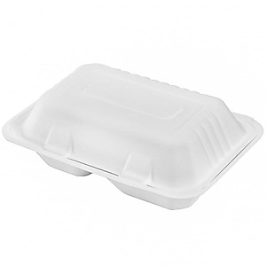 Elsjoy 90 Pack 9"x 6" Clamshell Take Out Containers, 2 Compartment Compostable Hinged Food Containers Disposable To Go Boxes, Sugar Cane Takeaway Boxes for Restaurant, Party, Microwave Safe
