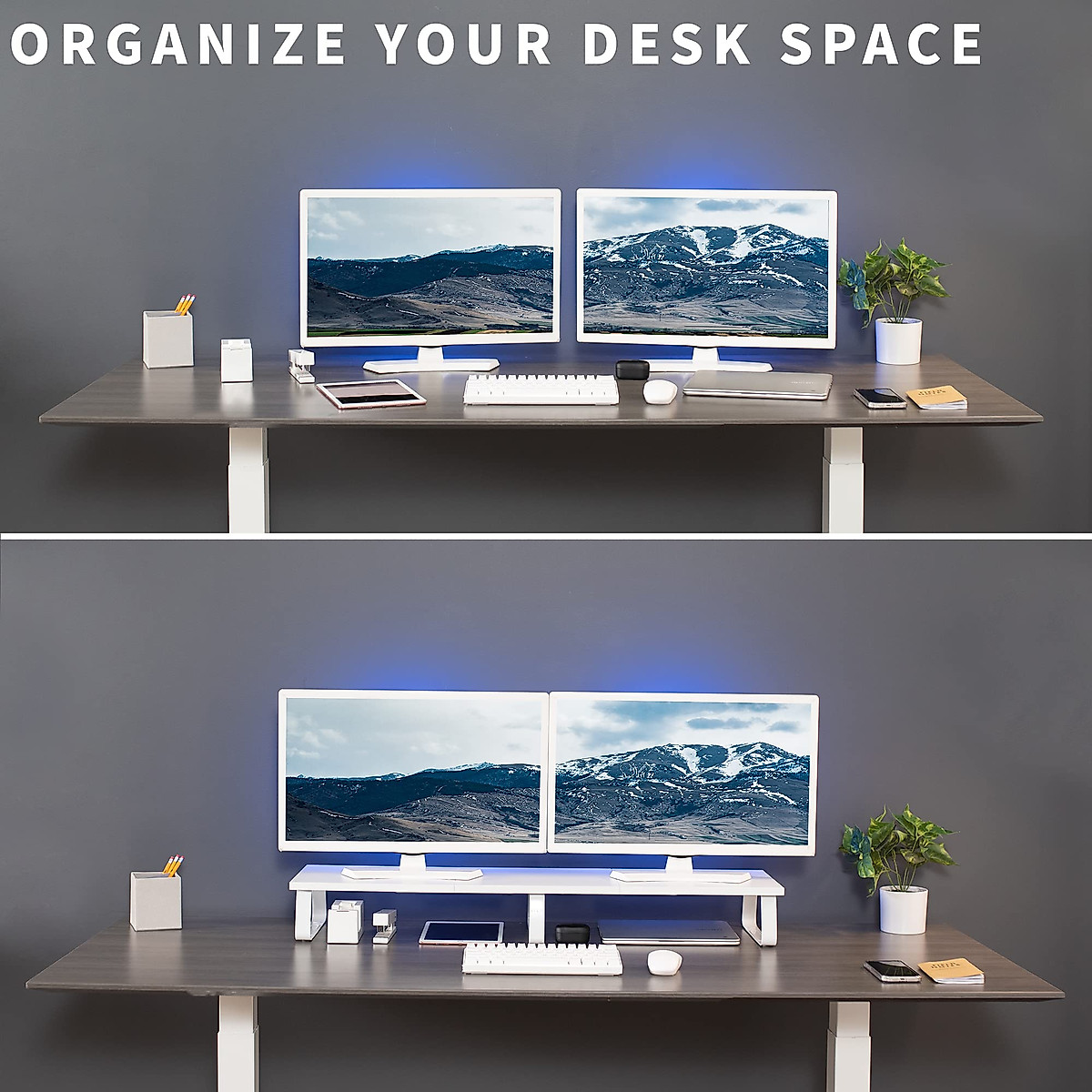 VIVO 39 inch Extra Long Monitor Stand, Wood & Steel Desktop Riser, Dual Screen, TV, Keyboard, Laptop, Ergonomic Desk and Tabletop Organizer, White, STAND-V000DL-W