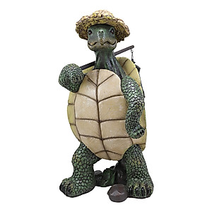 Ebros Gift Nautical Nature Lover Adventure Hiking Tortoise with Straw Hat Statue Carrying Solar Powered Lantern LED Light On A Pole Turtle Garden Yard Pool Patio Deck Home Decorative Accent