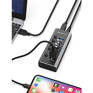 Powered USB Hub Rosonway Aluminum 5 Port USB Hub Expander with 4 USB 3.0 Data Ports and 1 Fast Charging Port, USB Hub 3.0 Splitter with 24W(12V/2A) Power Adapter and Individual Switches (RSH-A35)