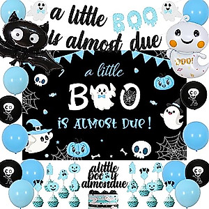 Halloween Baby Shower Decorations for Boy, A Little Boo is Almost Due Baby Shower Decorations Blue and Black Ghost Bat Foil Balloons Little Boo Party Decor, Halloween Boy Birthday Party Decorations
