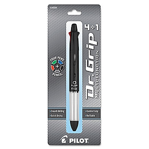 PILOT Dr. Grip 4+1 Multi-Function Refillable & Retractable Ballpoint Pen + Pencil, Fine Point, Black Barrel, Black/Red/Blue/Green Inks, Single Pen (36220)