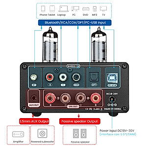 AIYIMA T9 100W*2 Bluetooth Stereo Amplifier Class D Amp 2.0/2.1 Channel Tube Power Amp with PC-USB DAC Coaxial Optical inputs &VU Meter & Bass Treble Tone Control for Home Stereo Speakers