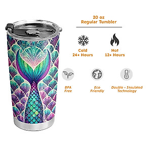 20oz Mermaid Tumbler, Gifts for Mermaid Lovers, Sea, Ocean, Beach Gifts, Coffee Thermos for Women, Stainless Steel Double Wall Vacuum Insulated Coffee Mug, Travel Cup with Lid