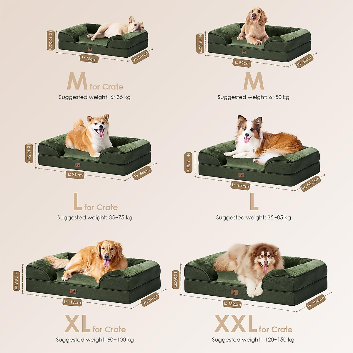 EHEYCIGA Orthopedic Dog Beds for Extra Large Dogs, Waterproof Memory Foam XL Dog Bed with Sides, Non-Slip Bottom and Egg-Crate Foam Big Dog Couch Bed with Washable Removable Cover, Dark Green