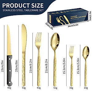 Premium 24-Piece Stainless Steel Cutlery Set with Steak Knives - Golden Silverware Set for Elegant Dining Experience
