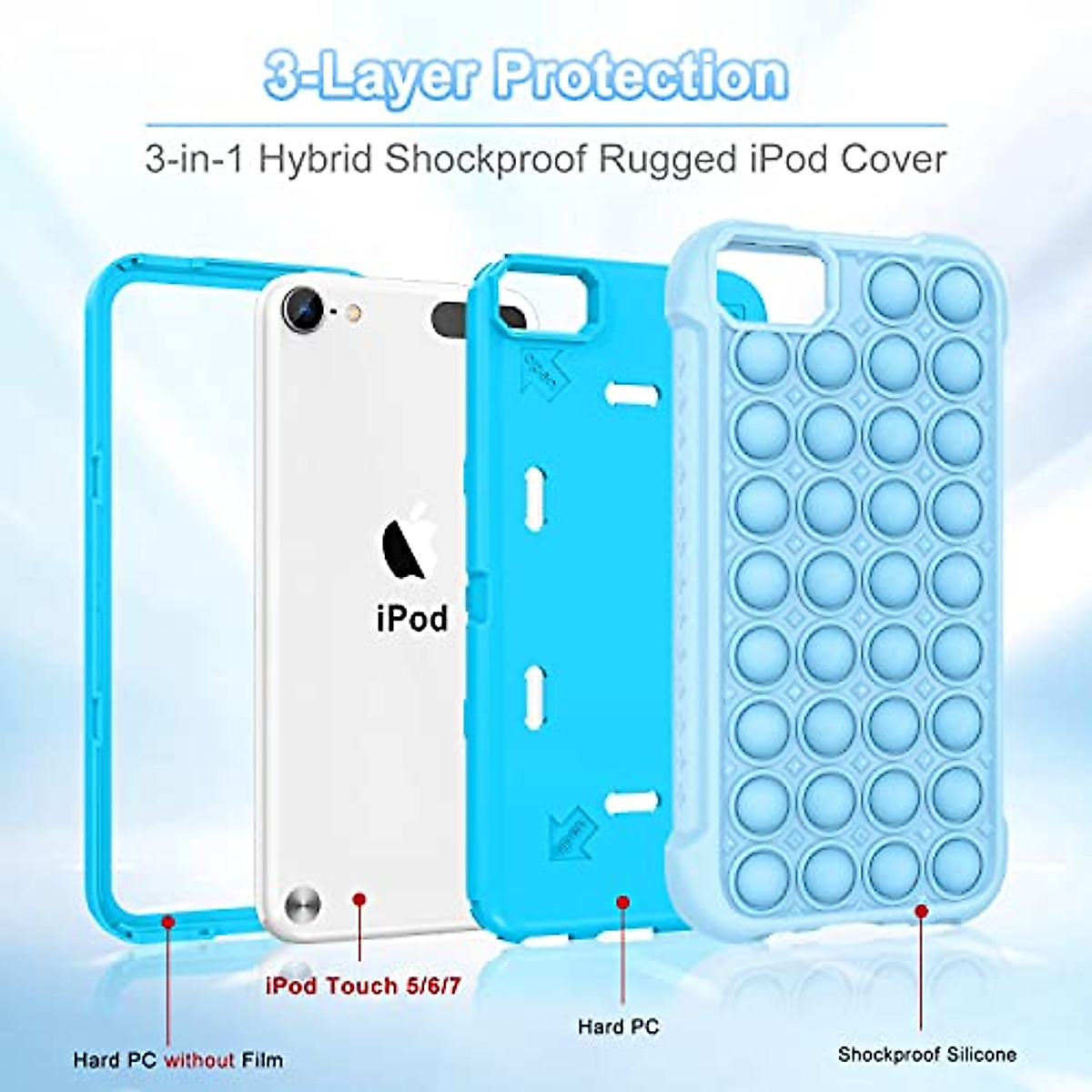 Lamcase for iPod Touch 7/6/5 Case, Push Pop Bubble Stress Relief Cute Funny Design Soft Silicone Three Layer Shockproof Protective Girls Women Cover for iPod Touch 5/6/7th Generation, Blue