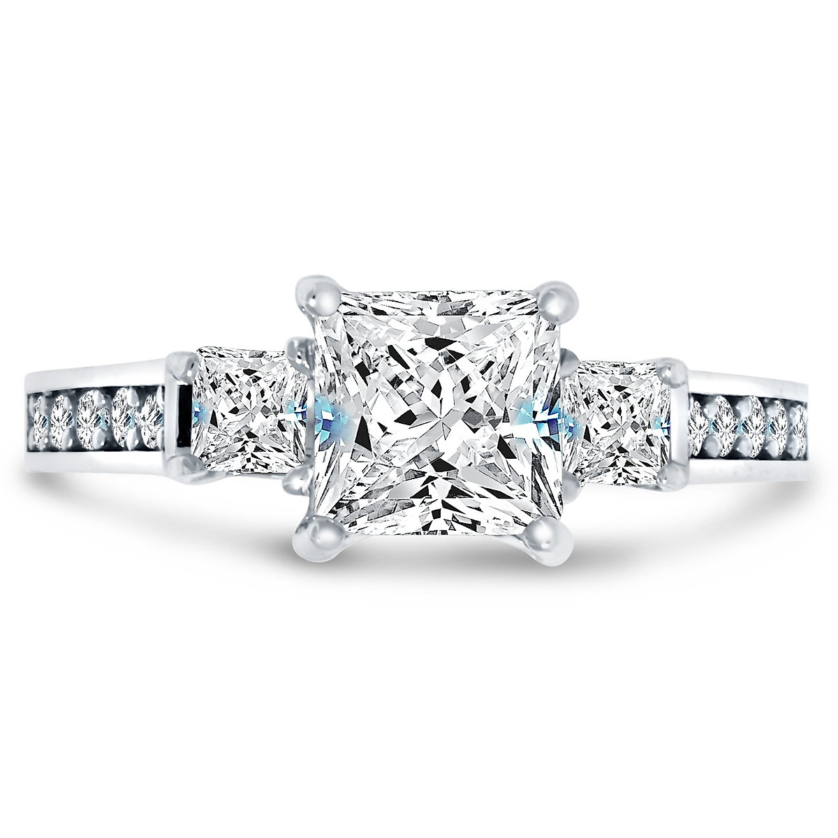 Size 7 - Solid 925 Sterling Silver CZ Cubic Zirconia 3 Three Stone Engagement Ring - Princess Cut Solitaire with Round Side Stones (1.75cttw., 1.5ct. Center) - With Elegant Velvet Ring Box