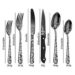 Aimilan 72 Pcs Black Silverware Set with Steak Knives Service for 12,Stainless Steel Creative Print Flatware Set,Mirror Polished Cutlery Utensil Set, Dishwasher Safe (72 Pcs Service for 12)