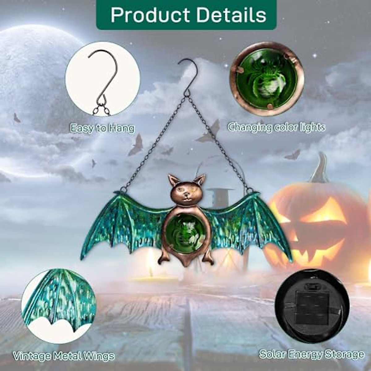 DREAMSKIP Hanging Bats Halloween Decoration, Halloween Bats Solar Lights Outdoor, Waterproof Halloween Lanterns for Yard, Outside, Party, Garden (Green)