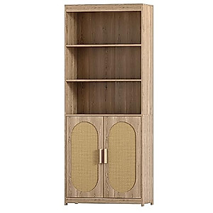 Natural Bookshelf with Doors - Tall Bookcase with 3-Tier Open Shelves for Bedroom, Living Room (29" W x 14" D x 71.7" H)