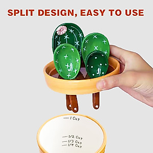 Cactus Measuring Spoons Set in Pot, Cute Ceramic Measuring Spoons and Cups, Baking Cacti Spoon with Holder for Milk Powder Sugar Salt Wet Dry Ingredients, Kitchen Home Small Decorations Ornaments