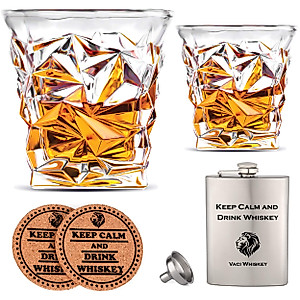 Vaci Crystal Whiskey Glasses – Set of 2 Bourbon Glasses, Tumblers for Drinking Scotch, Cognac, Irish Whisky, Large 10oz Premium Lead-Free with Stainless Steel Flasks, Cups, Luxury Gift Box