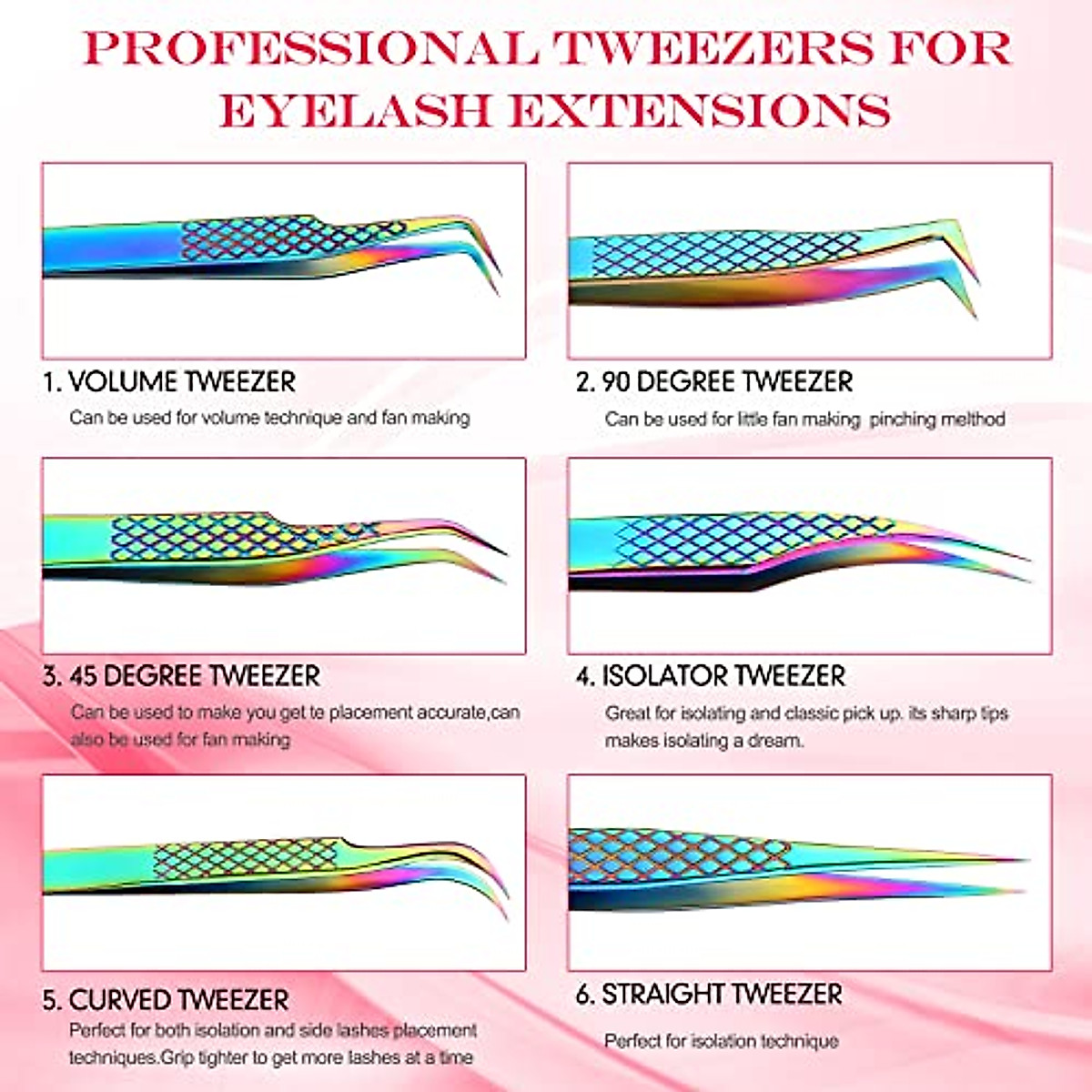 7 Pcs Eyelash Extension Tweezers Set Diamond Grip Lash Tweezer for Eyelash Extensions Japanese Stainless Steel Straight and Curved Tip Precision Tweezers Kits for Profession and Beginner (Colorful)