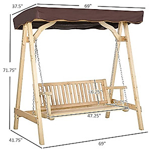 Outsunny Wooden Porch Swing Bench, 2-Seater Outdoor Swing Glider with Adjustable Canopy, Adjustable Hanging Chains, A-Frame, for Garden, Poolside, Backyard, Brown