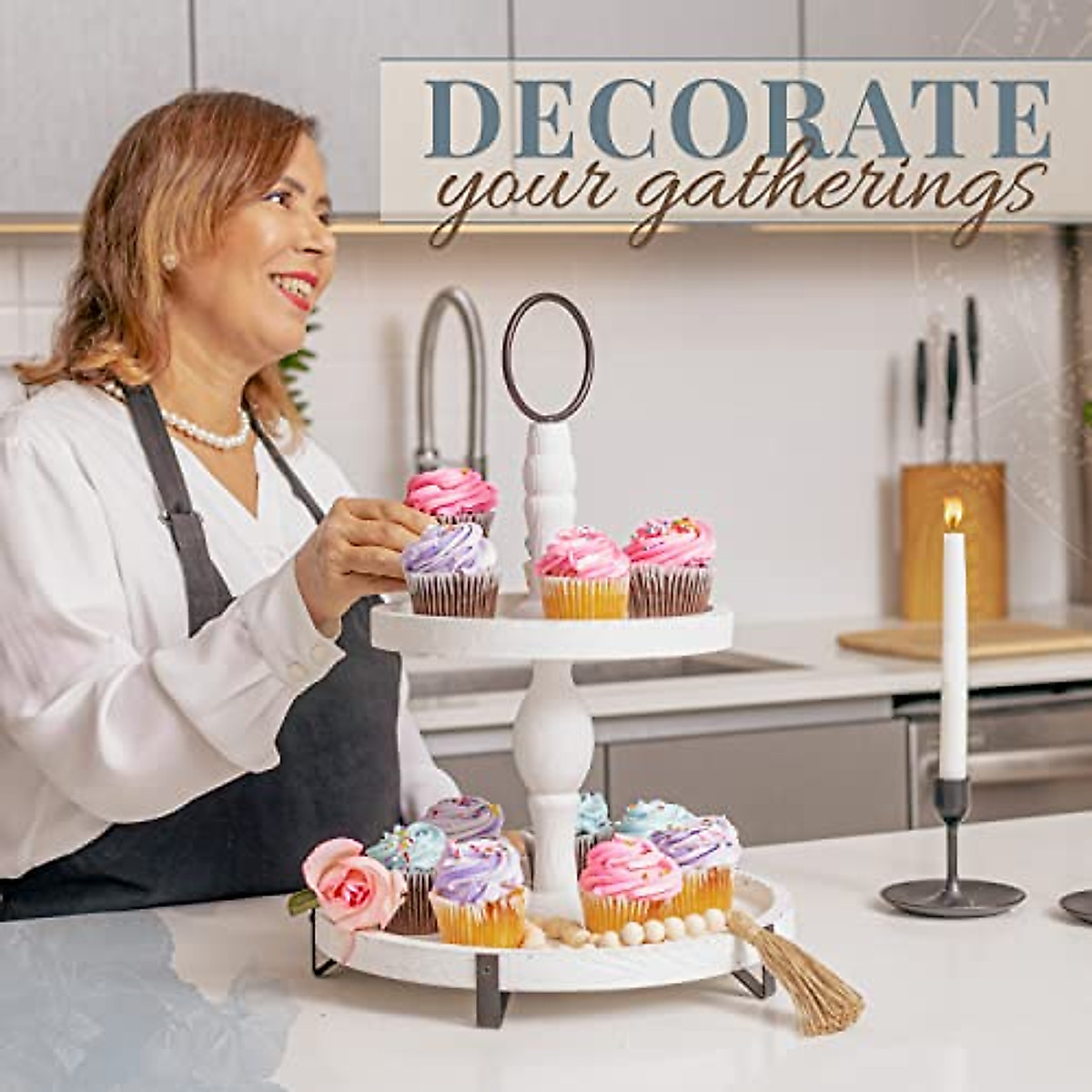 K'DCOR Two Tier Tray with Metal Legs - 2 Tiered Tray Stand - farmhouse centerpieces for dining room table - Tier Tray Stand - Tiered Trays - bandejas decorativas para mesa de sala