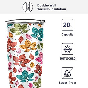 Autumn Leaves Travel Mug Insulated Tumbler with Lid and Straw Colorful Fall Stainless Steel Vacuum Double Walled Drinking Cup Keeps Drinks Cold & Hot Water Bottle for Travel Coffee Home School Office