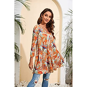 ENMAIN Women's Tunics Tops Plus Size Loose Fit 3/4 Sleeve Top Dressy Casual Swing Paisley Floral Orange Crewneck Hide Belly Tunic Tops to wear with Leggings