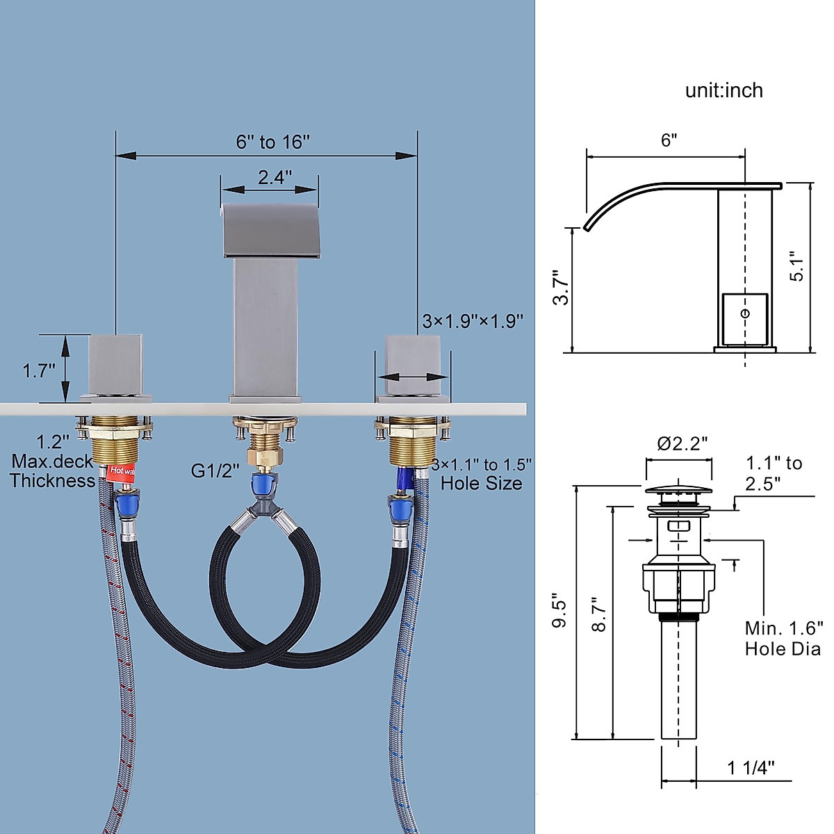ARCORA Brushed Nickel Waterfall Bathroom Faucet - 8 Inch Widespread Bathroom Faucets for Sinks 3 Hole, Modern 2 Handles Bathroom Sink Faucet with Pon Up Drain and cUPC Supply Lines