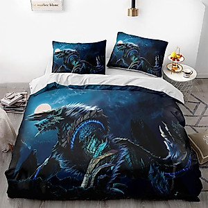 PONNYC MH Dragon Hunter Game Duvet Cover Soft 3D Printed Bedding Set with Comforter Cover 3 Piece Set Includes 2 Pillowcases and 1 Duvet Cover Machine Washable (03,King (104"x90"))