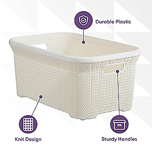 Plastic Laundry Basket Small Storage Hamper Basket, 2 Pack Cream Cloths Basket Organizer with Cut-Out Handles. Space Saving for Laundry Room Bedroom Bathroom, Knit Design 40 Liter.