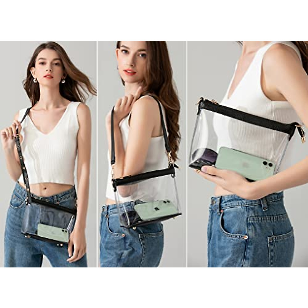 Y&R Direct 3-IN-1 Clear Zipper Crossbody Bag Transparent Purse Clutch with Leather Trim Women Gift Cute for Stadium Festivals Concert