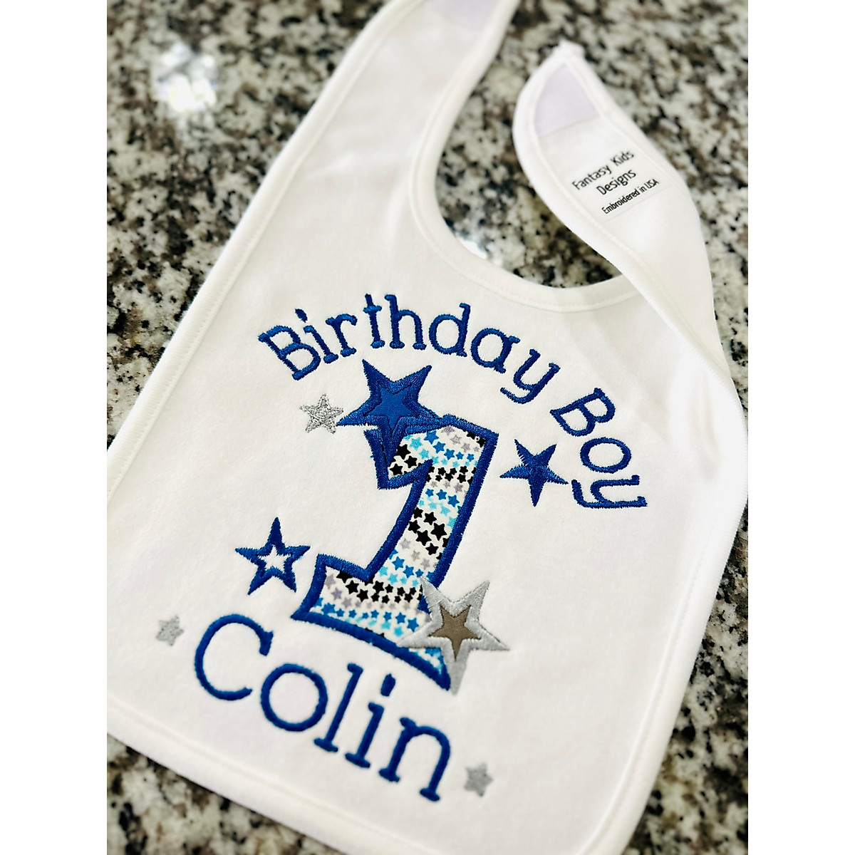 Fantasy Kids Designs First Birthday Boy Bib Smash Bib for Baby Boy Personalized with Custom Name (White Bib/Royal Blue)