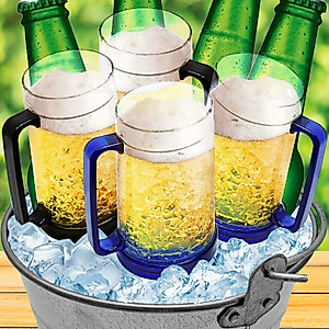 Patiomos Drinking Glasses Cups, Double Wall Gel Freezer Beer Mugs, Freezer Ice Mugs Cups, 16oz, Plastic Cooling Beer Mug Clear Set of 4 (2Blue and 2Black)