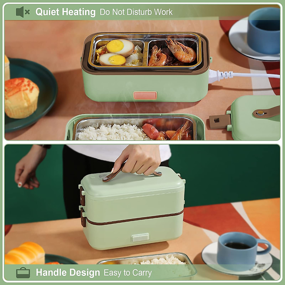 Electric Lunch Box Food Heater, 3 in 1 Portable Food Warmer for Office Home School,2 Layer Heated Lunch Box Leak Proof, Food Warmer with Removable 304 Stainless Steel Container 800ml (Green)