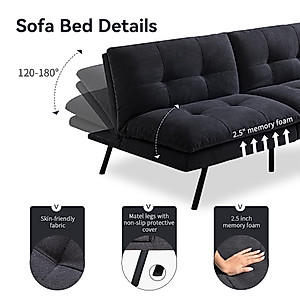 Hcore Sofa Couch Memory Foam Futon Bed Sofabed, Dark Black