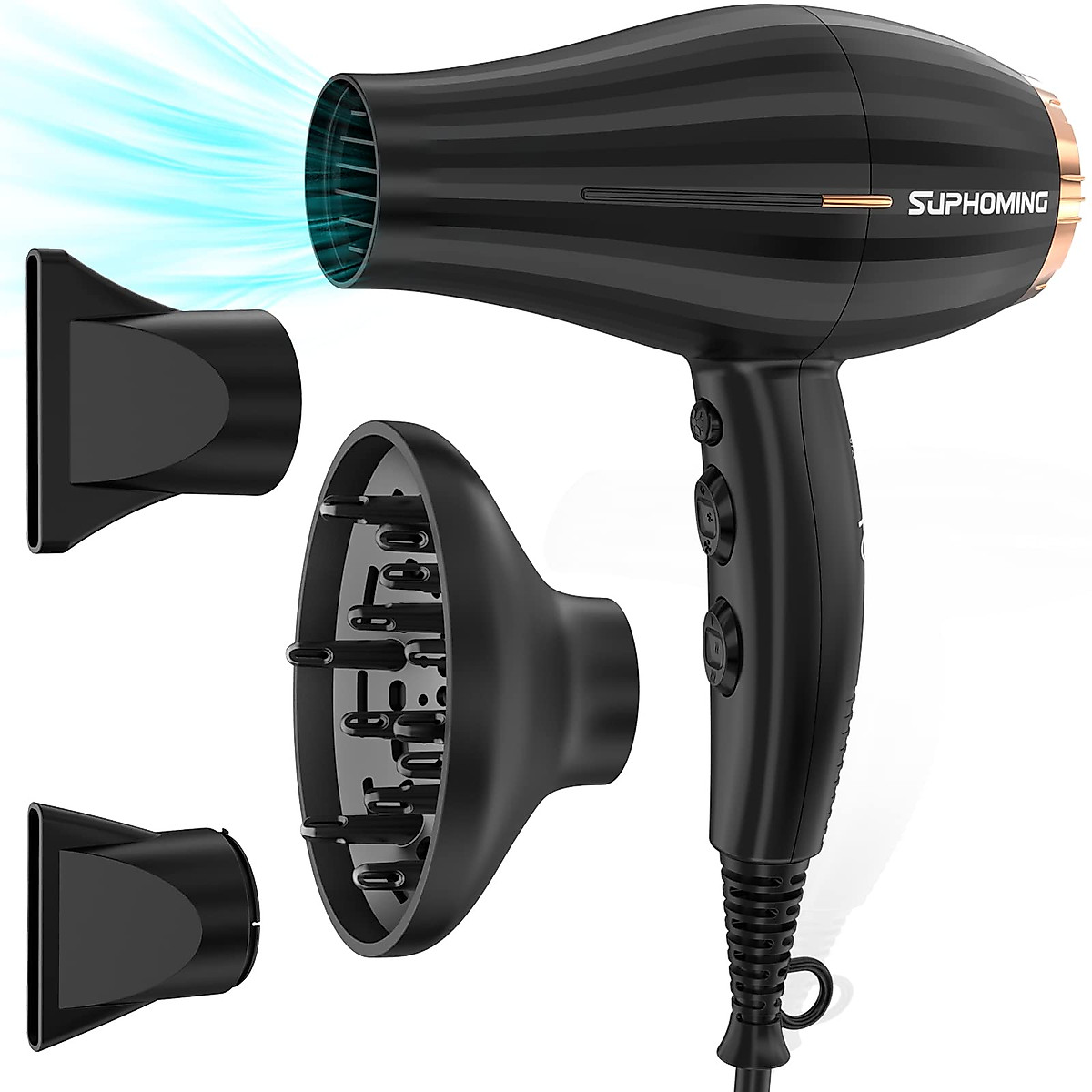SUPHOMING Hair Dryer, Professional Negative Ions 2200W Blow Dryer, Lightweight Portable Travel Ceramic Hairdryer with Diffuser & Volume Styling Nozzles