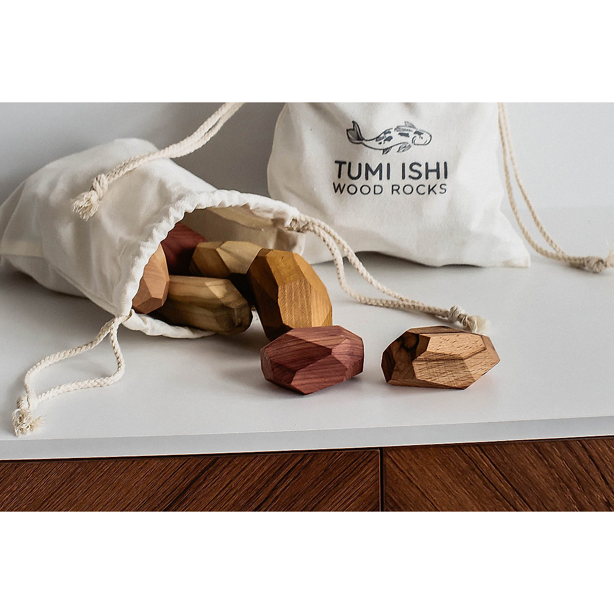 Tumi Ishi 17 Piece Wood Rock Set - Mixed Wood Species - Balancing Blocks - Natural Wood Toy - Organic Jojoba oil and Beeswax Finish - Handmade Wooden Toys - Sensory Toy - USA Made - Personalizable