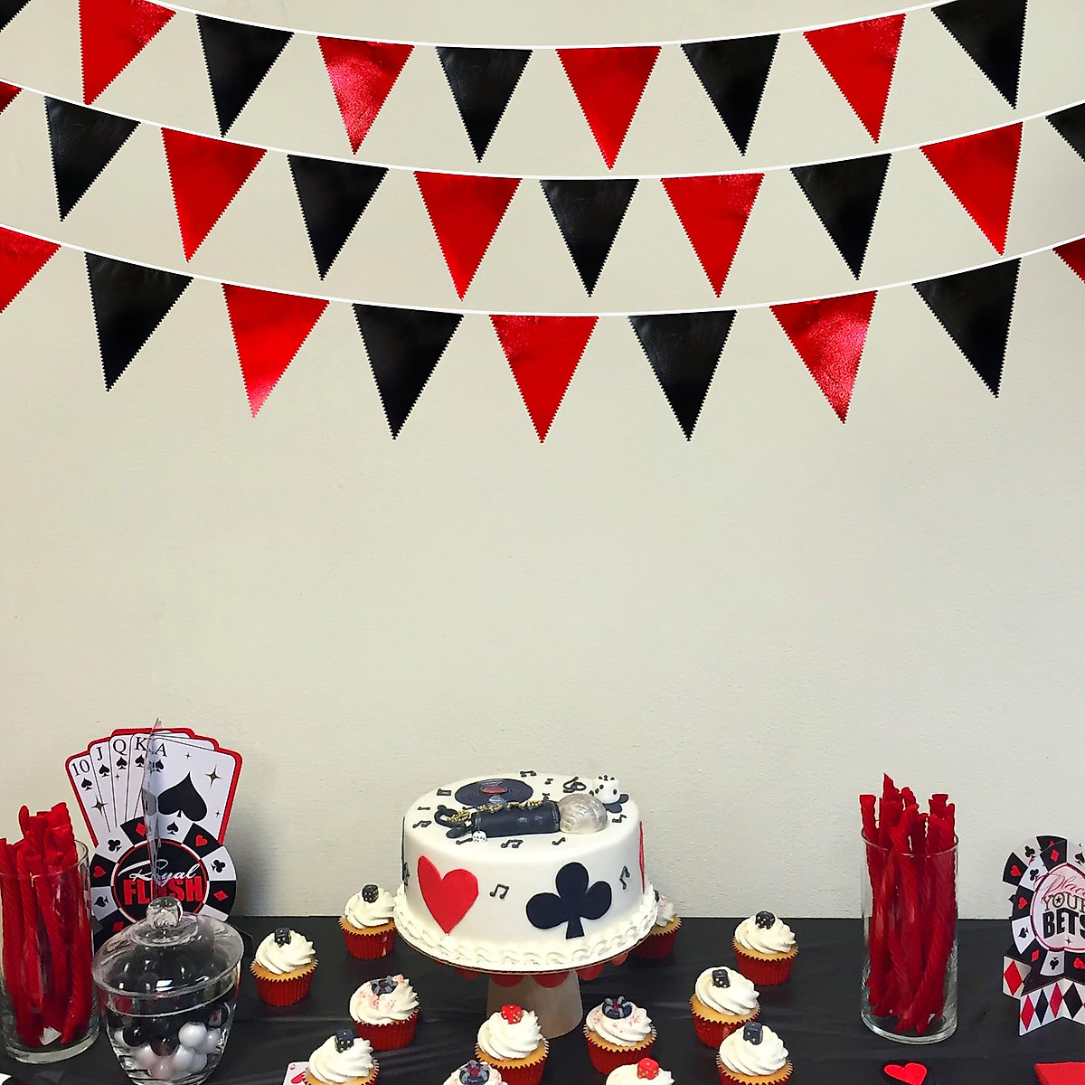 Red Black Party Decoration Metallic Fabric Triangle Pennant Banner Flag Bunting Garland for Graduation Halloween Birthday Wedding Bachelorette Anniversary Las Vegas Casino Poker Pirate Party Supplies