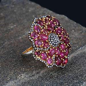 Certified Gemstone diamond Ring with 1.38 Carat Brown Natural Diamond (I2-I3 Clarity) and Precious 10.95 cts. Pink-Tourmaline 925 Sterling Silver Flower Ring For Women, Big Ring