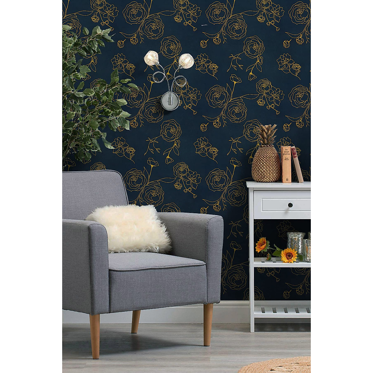118"x17.3" Peel and Stick Wallpaper Gold and Blue Contact Paper Dark Blue Wallpaper Removable Wallpaper Floral Contact Paper for Walls Covering Vinyl Rolls