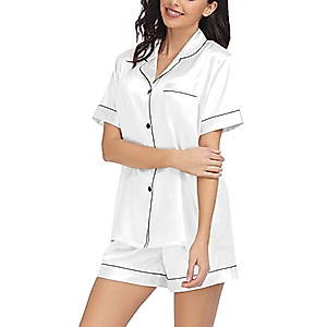SWOMOG Women Satin Pajamas Sets Soft Button-Down Silk Sleepwear Two-Piece PJs Sets Loungewear White